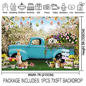 ZTHMOE 7x5ft Fabric Spring Easter Photography Backdrop Blue Truck Colorful Eggs Flowers Rabbit Background Tulip Floral Forest Photo Tapestry Booth Props