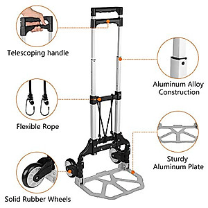 Folding Hand Truck, Gimify Dolly Cart Luggage Hand Cart Aluminum Box Cart Lightweight Portable with Telescoping Handle for Personal, Travel, Shopping, Moving, Office, 165 lbs Capacity (Black)
