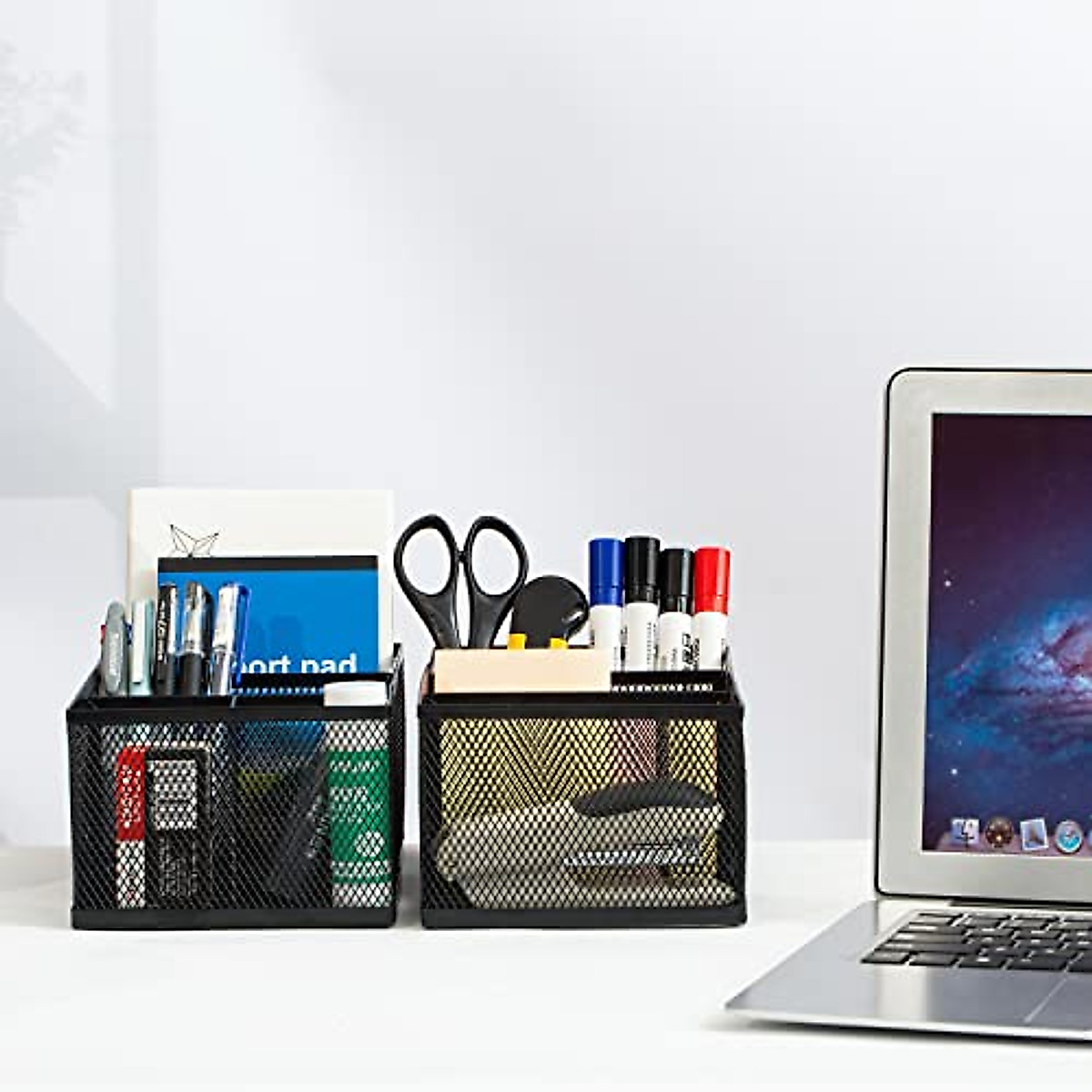 MyGift Modern Black Metal Mesh Desk Office Supplies Organizer Caddy with 4 Storage Compartments, Set of 2