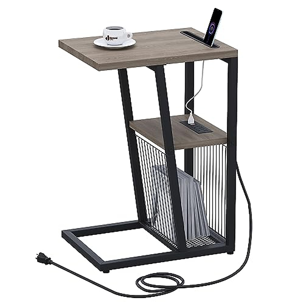 Heybly Side Table C Shaped Nightstand End Sofa Table with Charging Station, Phone Holder, 2 USB Ports and Power Outlets, Snack Couch Tables for Small Spaces, Greige and Black HET001CSG1