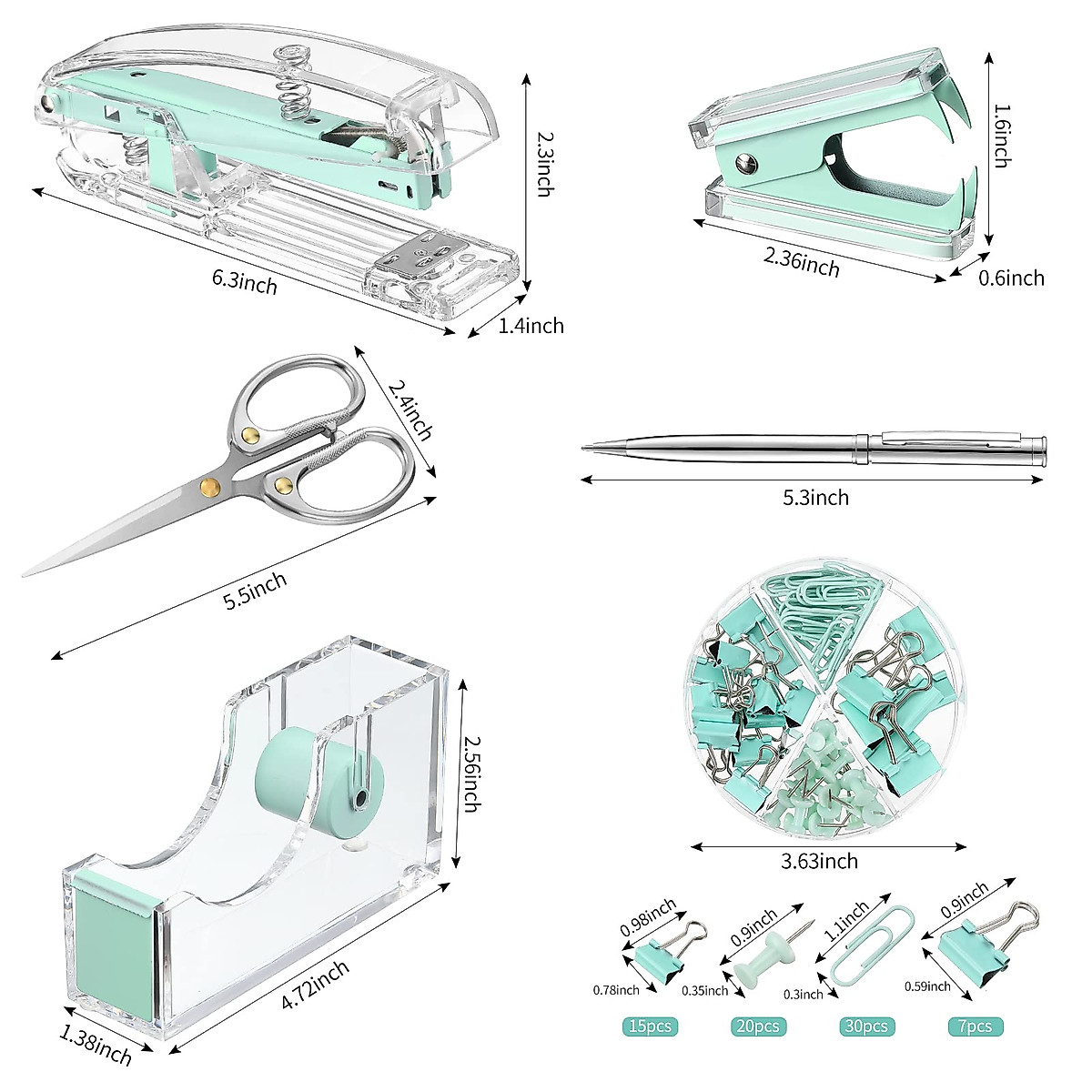 Office Supplies Set Desk Accessory Kit, Acrylic Stapler Set Staple Remover, Tape Dispenser, Binder Clips, Paper Clips, Ballpoint Pen and Scissor with 1000 Pieces 26/6 Staples (Green)