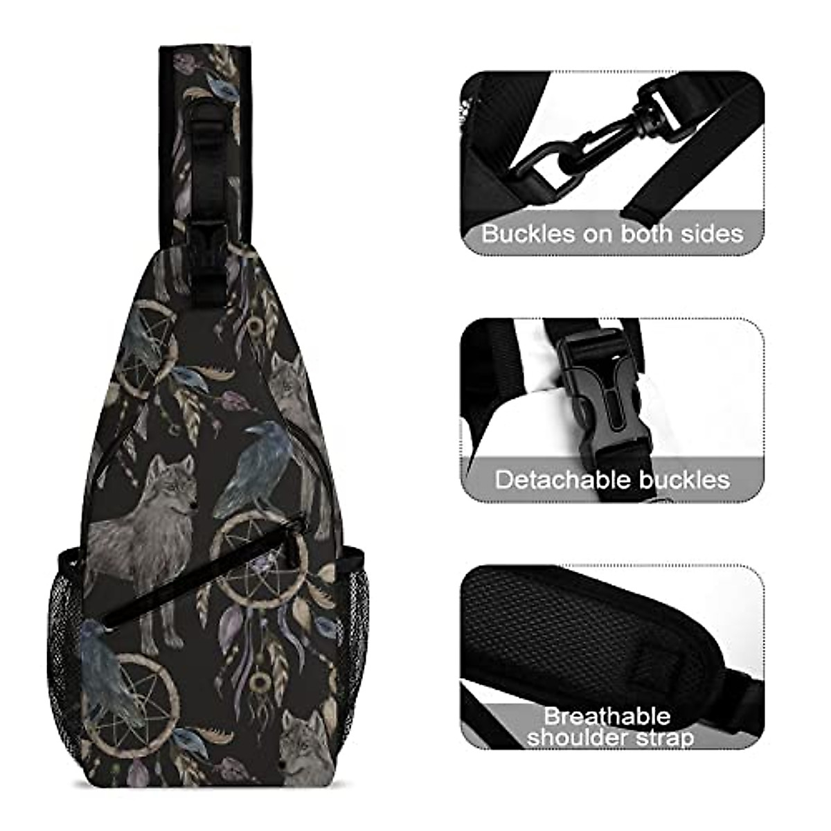 NAWFIVE Sling Bag Watercolor Raven Wolf Crossbody Backpack with Anti Theft Boho Style Adjustable Shoulder Bag for Travel,Hiking,Cycling,Camping