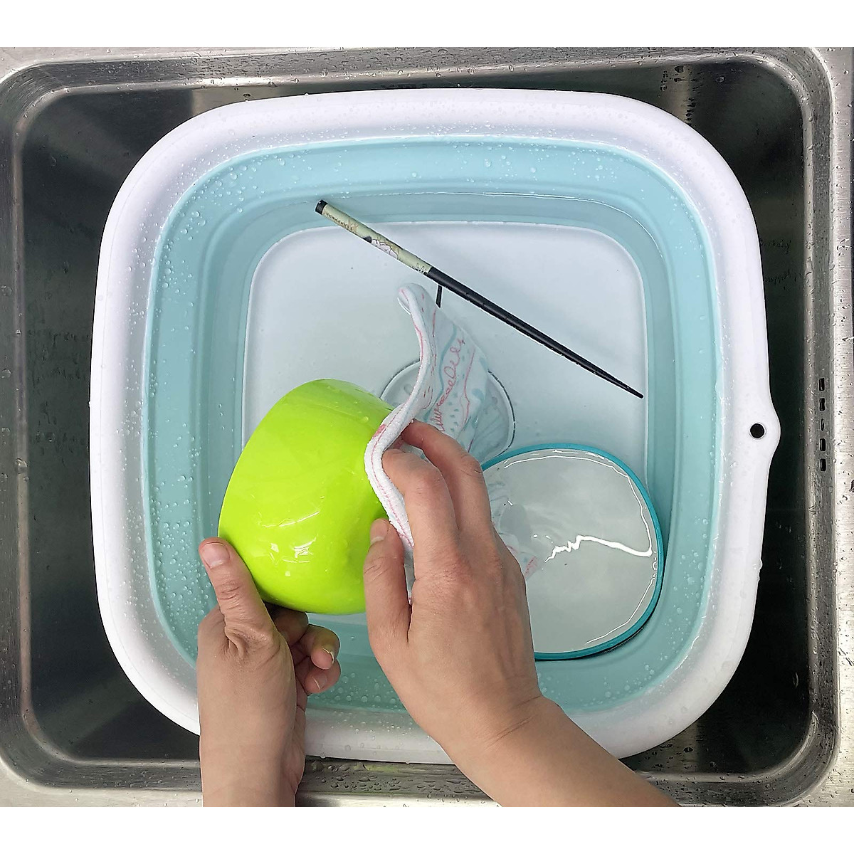 SAMMART 9.3L (2.46Gallon) Collapsible Dishpan with Draining Plug - Foldable Washing Basin - Portable Dish Washing Tub - Space Saving Kitchen Storage Tray (1, Grey/Bright Blue)