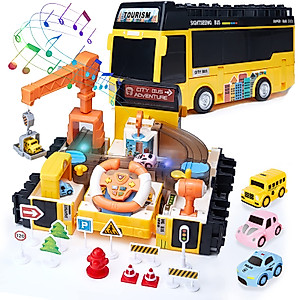 Itcaoseklu Race Track Car Adventure Bus Toys, Tranforming Bus with Sound and Light Simulation Steering Wheel,Vehicle Toy Gift for 3 4 5 6 7 8 Year Old Kids Boys Girls, Yellow