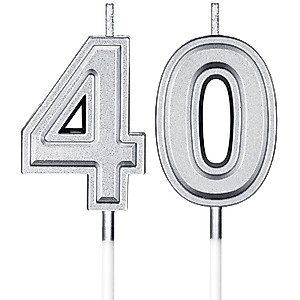 40th Birthday Candles, Number 40 Candles, Happy Birthday Cake Topper Numeral Candles Decoration for Men Women Birthday Party Wedding Decoration Anniversary Celebration Supplies Theme Party (Silver)