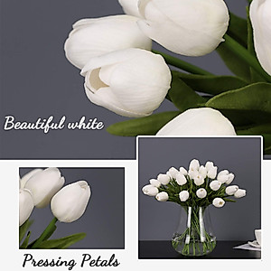 KOILLUXU Artificial Flowers 30pcs Bouquet 14" Tall Real Touch Tulips, White PU Fake Tulips Flowers for Arrangement Wedding Party or Easter Spring Home Centerpiece Dining Room Office Table Decoration