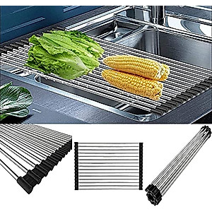 Roll up Dish Drying Rack Over The Sink Dish Drying Rack Portable Stainless Still Rolling Rack Folding Dish Drainer Sink Rack Mat Dish Drying Rack for Kitchen Sink Counter (17.8''LX11.2''W, Black)
