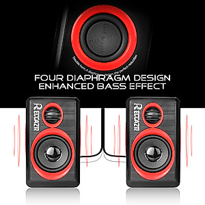 Computer Speakers, 2.0 CH PC Speakers with Surround Sound, USB Wired Laptop Speakers with Deep Bass for Desktop Computer/PC/Laptops/Smart Phone Build-in 4 Loudspeaker Diaphragm Reccazr SP2040|RED
