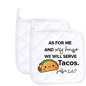 Funny Baking Pot Holders As for me and my house Tacos Salsa Heat Resistant Oven Mitts with Sayings Kitchen Hot Pads Housewarming Gifts Baking Lover SET of 2