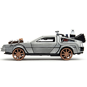 Delorean DMC (Time Machine) Brushed Metal Train Wheel Version Back to The Future Part III (1990) Movie Hollywood Rides Series 1/32 Diecast Model Car by Jada 34786