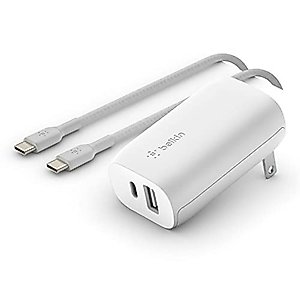 Belkin USB C Wall Charger 32W C to C Cable Included PD with 20W USB C & 12W USB A Ports for USB-C Power Delivery