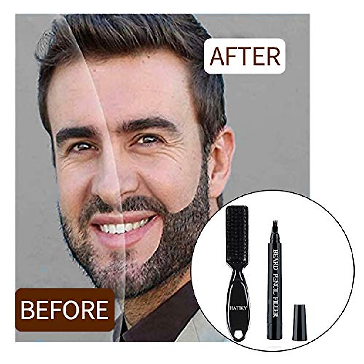 HATIKY Beard Pencil Filler For Men,Water Proof, Long Lasting Beard Pen,Barber Pencil and Beard Brush Male Mustache Repair Shape, Creates Natural Looking Beard, Moustache & Eyebrows (Black)