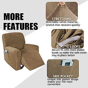 4 Pieces Stretch Velvet Recliner Chair Covers, Thick & Soft Lazy Boy Recliner Slipcover for Home Theater Seating with Side Pocket