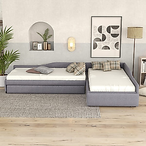 L-Shape Platform Bed Twin Size Upholstered Daybed with Trundle and Storage Drawer Linen Corner Day Bed Frame for 3 Kids Boys Girls Teens, Gray
