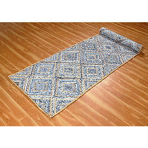 CASAVANI Indian Hand Braided Rag Rug Geometric Blue & Beige Cotton Chindi & Jute Rug Best Uses for Living Room,Hallway Runner Rug,Stair Runner Rug & Kitchen 2.6x8 2.6x10 8x11 Feet
