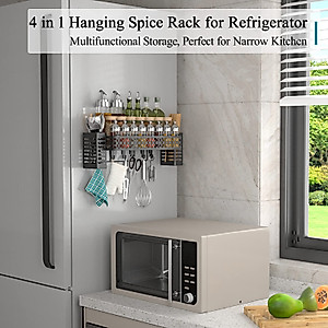 Tamomic Hanging Spice Rack Wall Mount, Over Stove Spice Organizer Shelf with Wall Hanging Utensil Holder 6 Hooks for Kitchen, Black