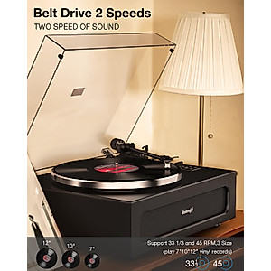 Record Player High Fidelity Turntable for Vinyl Records Built-in 4 Stereo Speakers All-in-One Vinyl Player Belt Drive Turn table with MM Cartridge ATN-3600L Stylus 33 45 Speed Bluetooth Classic Black