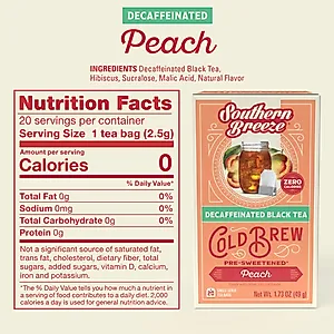 Southern Breeze Decaf Cold Brew Sweet Tea Peach Iced Tea with Black Tea and Zero Carbs Zero Sugar, 20 Individually Wrapped Tea Bags, Pack of 4