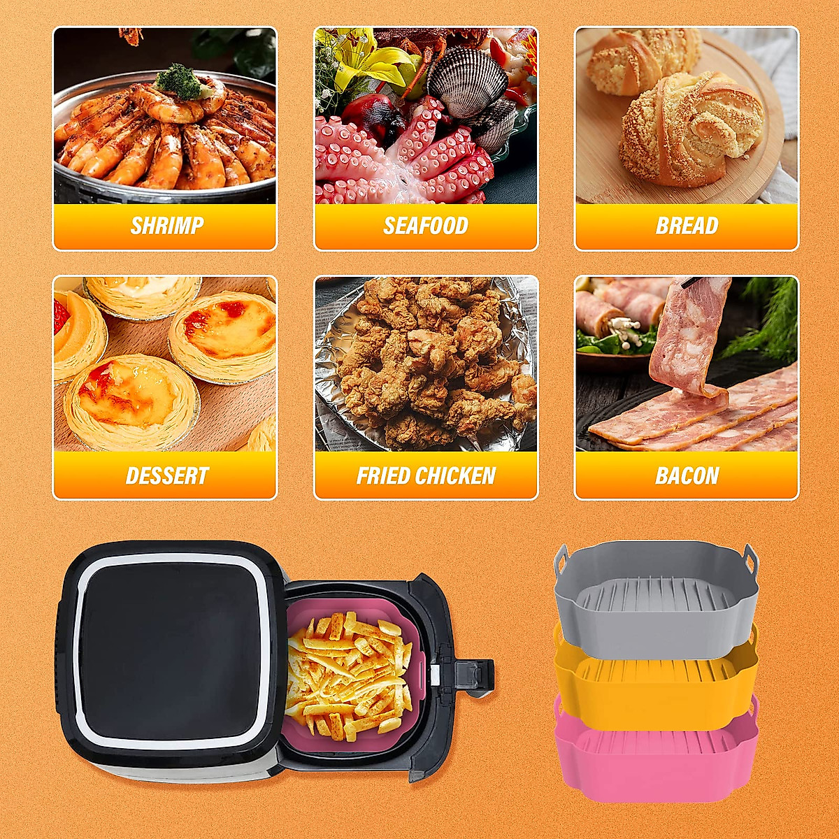 3 Pcs Air Fryer Silicone Liners, Air Fryer Basket 8 inch Square Heat Resistant Reusable Air fryers Silicone Pot for 4 to 7 QT Air Fryer Oven Microwave (Gray+Pink+Yellow)