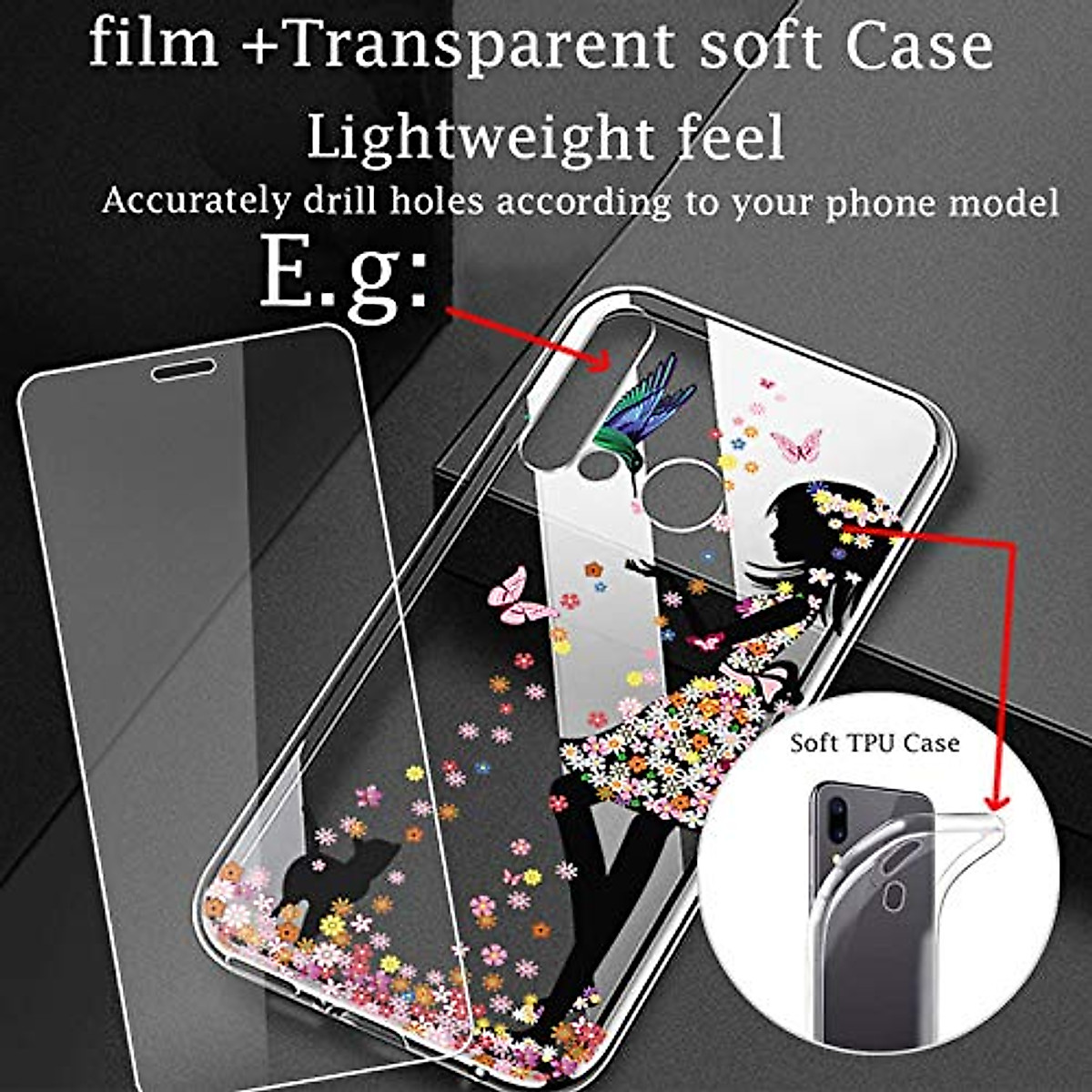 AQGG Tempered Glass Film + Cover for Oukitel C22 [5.86"], 9H Hardness Screen Protector and Soft Silicone Case Bumper Shell Transparent Protective TPU Cases -Girl