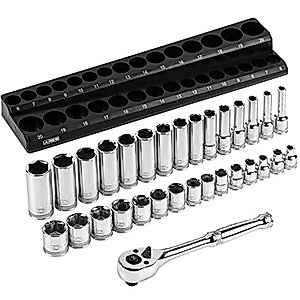 ARES 47004-32-Piece 3/8-inch Drive Metric Socket and 90-Tooth Ratchet Set with Magnetic Organizer - Sizes 6mm to 20mm Deep and Shallow Sockets