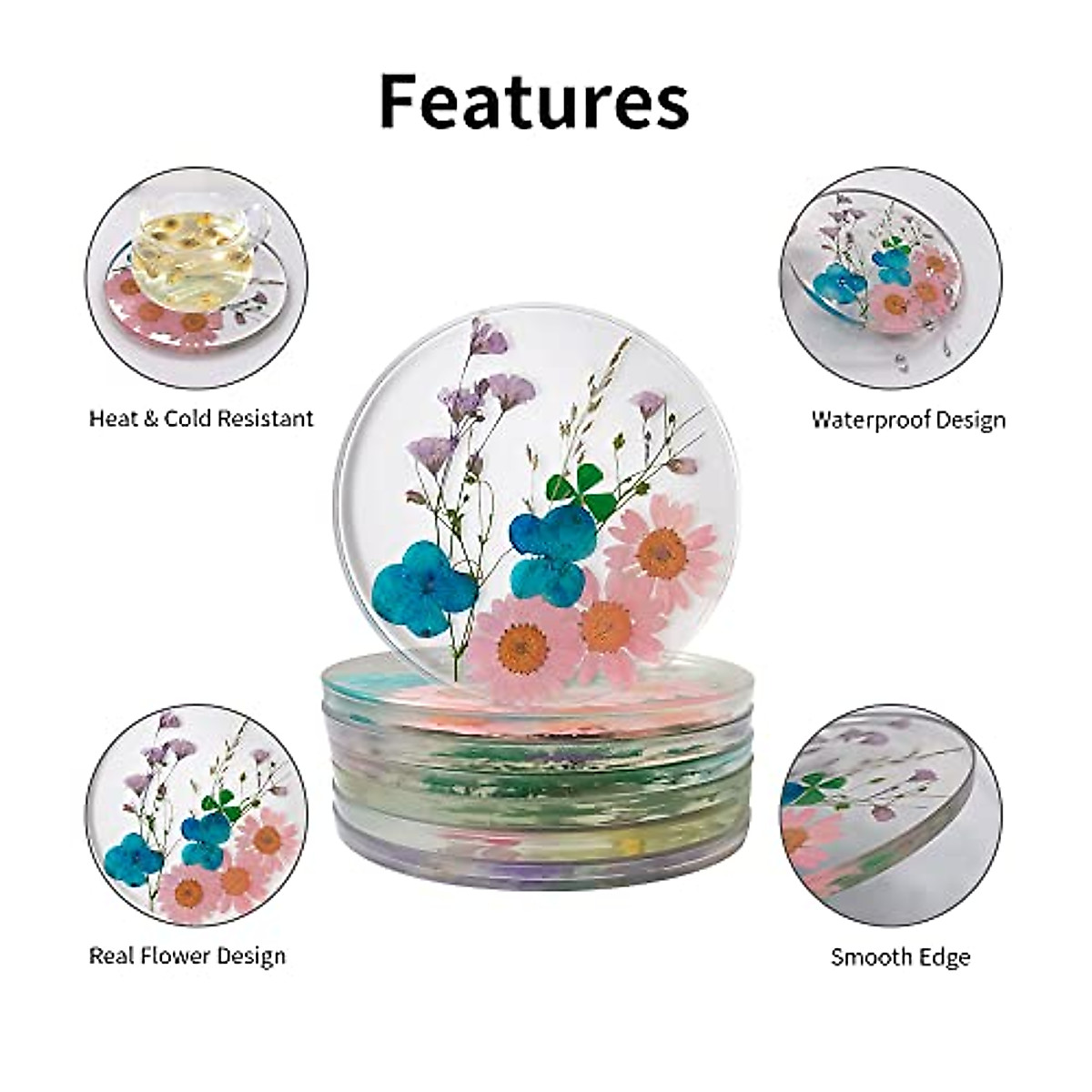 Drink Coasters Flower Cup Mat-Epoxy Resin Coasters with Colorful Natural Floral Reusable Round Kitchen Utensils for Dining Cups (Set of 4) (4, BD0001)