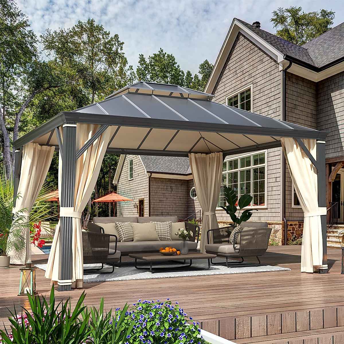 YOLENY 12'x14' Hardtop Gazebo, Permanent Outdoor Aluminum Patio Gazebo with Aluminum Composite Double Roof for Patio Lawn and Garden, Curtains and Netting Included