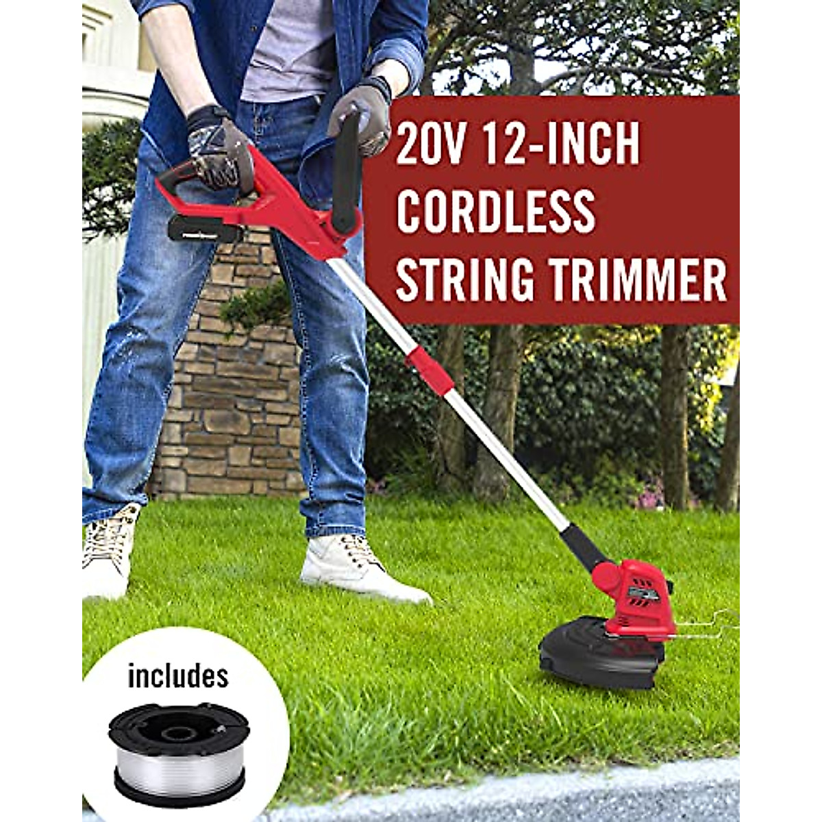 PowerSmart 20V Li-Ion Cordless String Trimmer, One Battery-Auto Feed Thread Trimmer, 12 INCH Cutting Diameter, Height Adjustable Cordless Edger Trimmer Included A Fast Charger and Two Battery