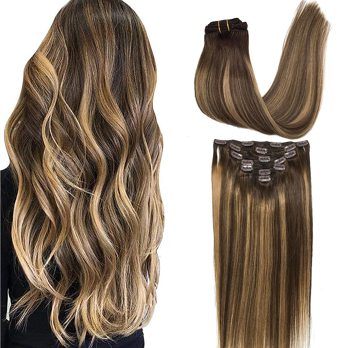 GOO GOO Clip in Hair Extensions Real Human Hair, Remy Human Hair Extensions Clip ins for Women, Natural Human Hair, 14inch 120g 7Pcs, 4/27/4 Balayage Chocolate Brown to Caramel Blonde