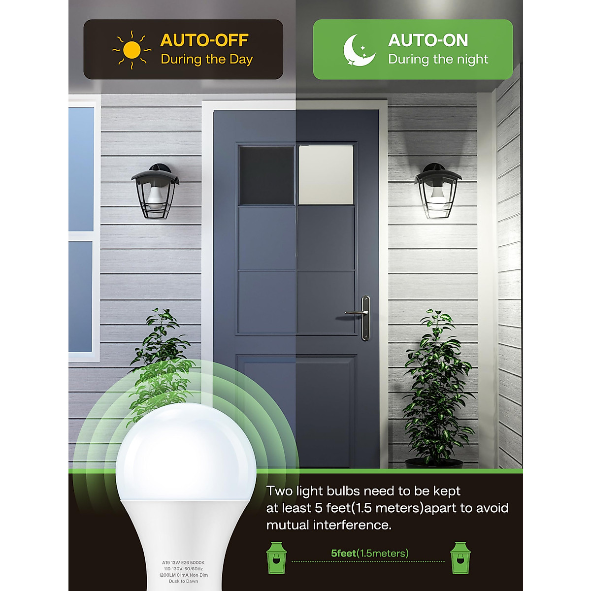 Eastiya Dusk to Dawn Sensor LED Outdoor Light Bulb, Daylight White 5000K, A19 13W(100 Watt Equivalent) Bright Porch Lighting, 1200LM, Auto-On/Off Photocell Sensor for Garage Yard Patio Garden-4 Pack