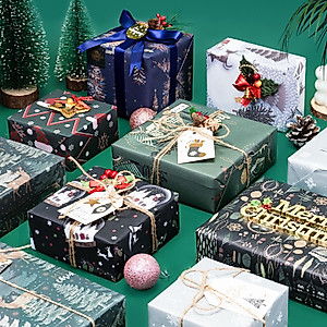 Larcenciel Christmas Wrapping Paper, 8 Sheets Pine Snowflakes Gift Wrapping Paper w/Gift Tag Ribbons Stickers, Xmas Thick Kraft Gift Wraps Set for Christmas New Year Holiday Birthday Party,27.6x19.7in