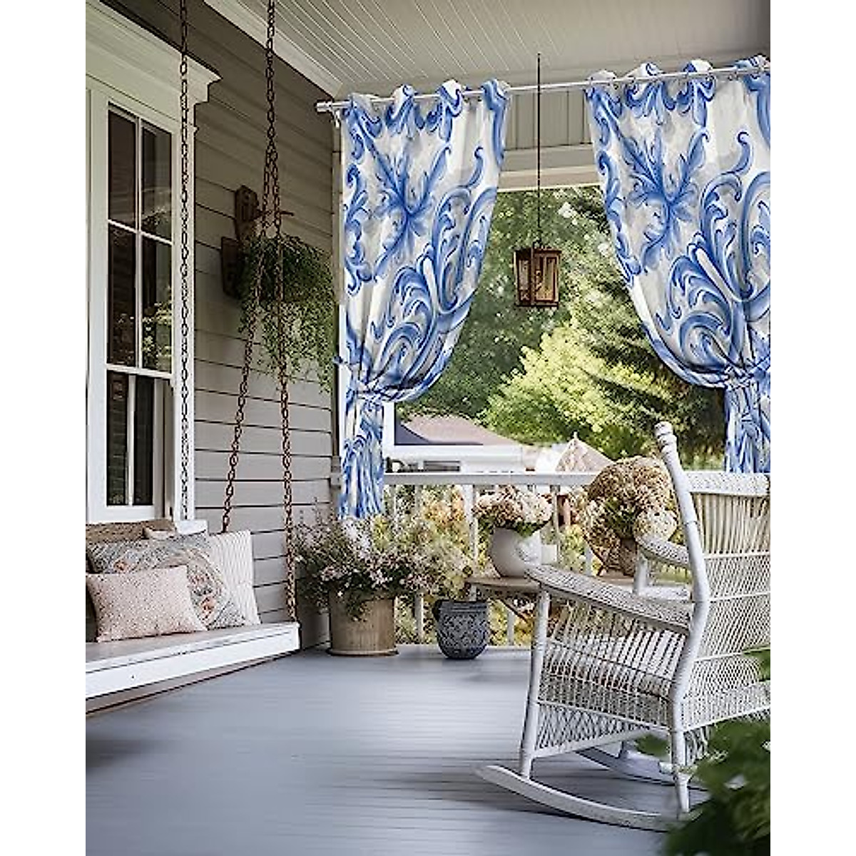 Outdoor Curtains for Patio,Retro Bohemian Tile Pattern Grommet Outside Curtains Windproof Privacy Panels with Tieback,Ethnic Blue Damask Weighted Window Treatment Indoor/Outdoor Drapes 54x84in