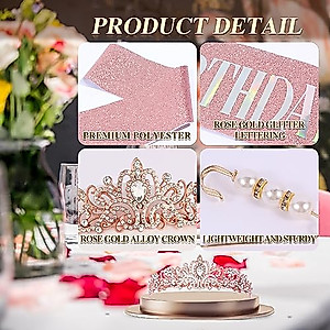 LMJUNZZ Rose Gold Birthday Princess Sash and Crown Set, Adjustable Glitter Sash Rhinestone Crown, Brooch, for Girls' Birthday Decorations
