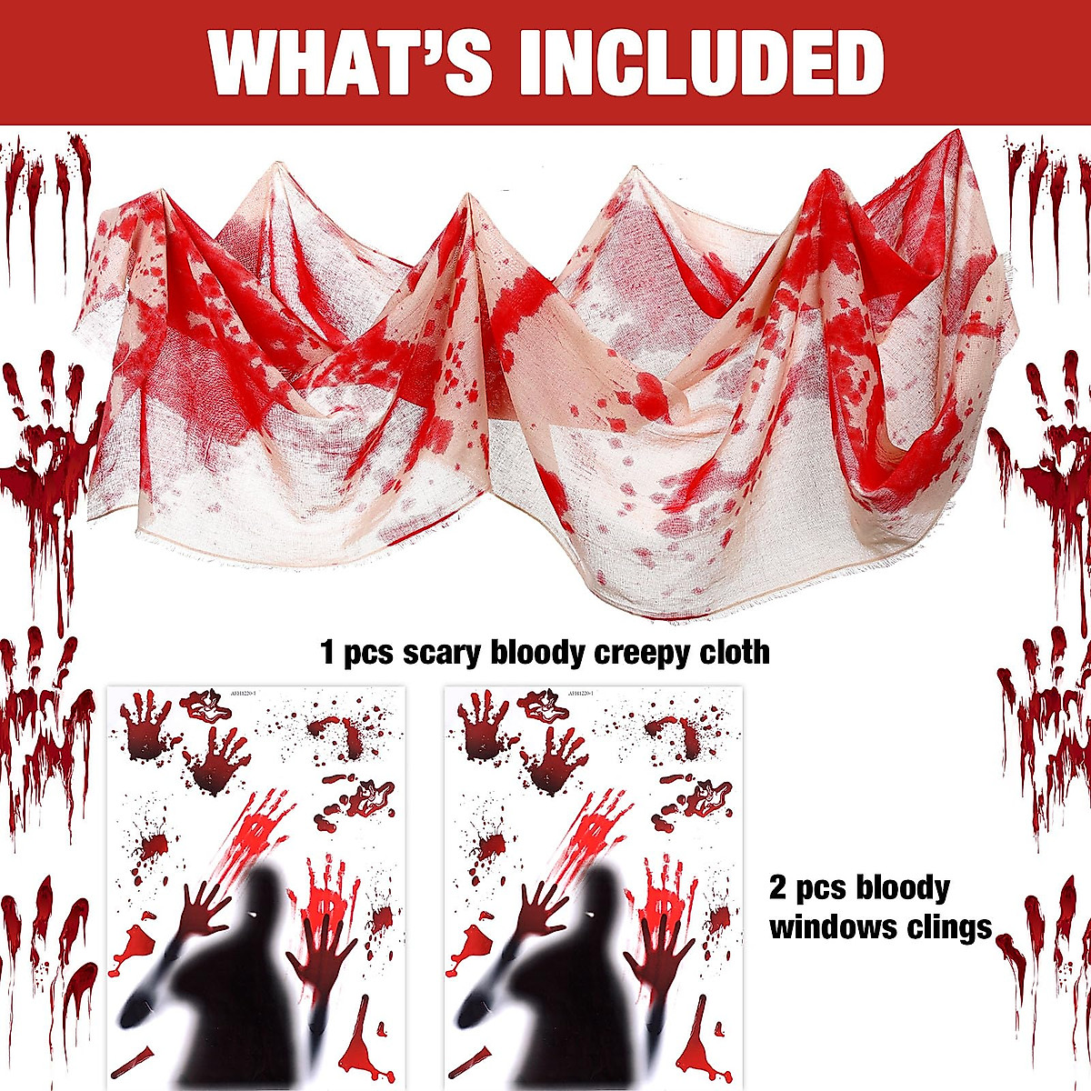 Barydat 50 Pcs Bloody Halloween Party Decorations Set Halloween Bloody Garland Banner Windows Stickers Creepy Cloth Scary Latex Balloons for Halloween Bloody Theme Indoor Outdoor Decoration Supplies
