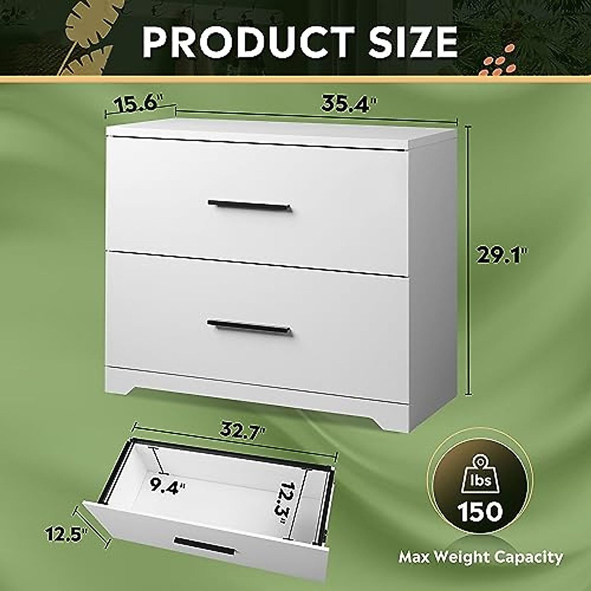 DEVAISE 2 Drawer Wood Lateral File Cabinet with Anti-tilt Mechanism, Storage Filing Cabinet for Home Office, White