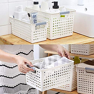Bekith 6 Pack Plastic Storage Basket, Slim White Organizer Tote Bin Shelf Baskets for Closet Organization, De-Clutter, Accessories, Toys, Cleaning Products
