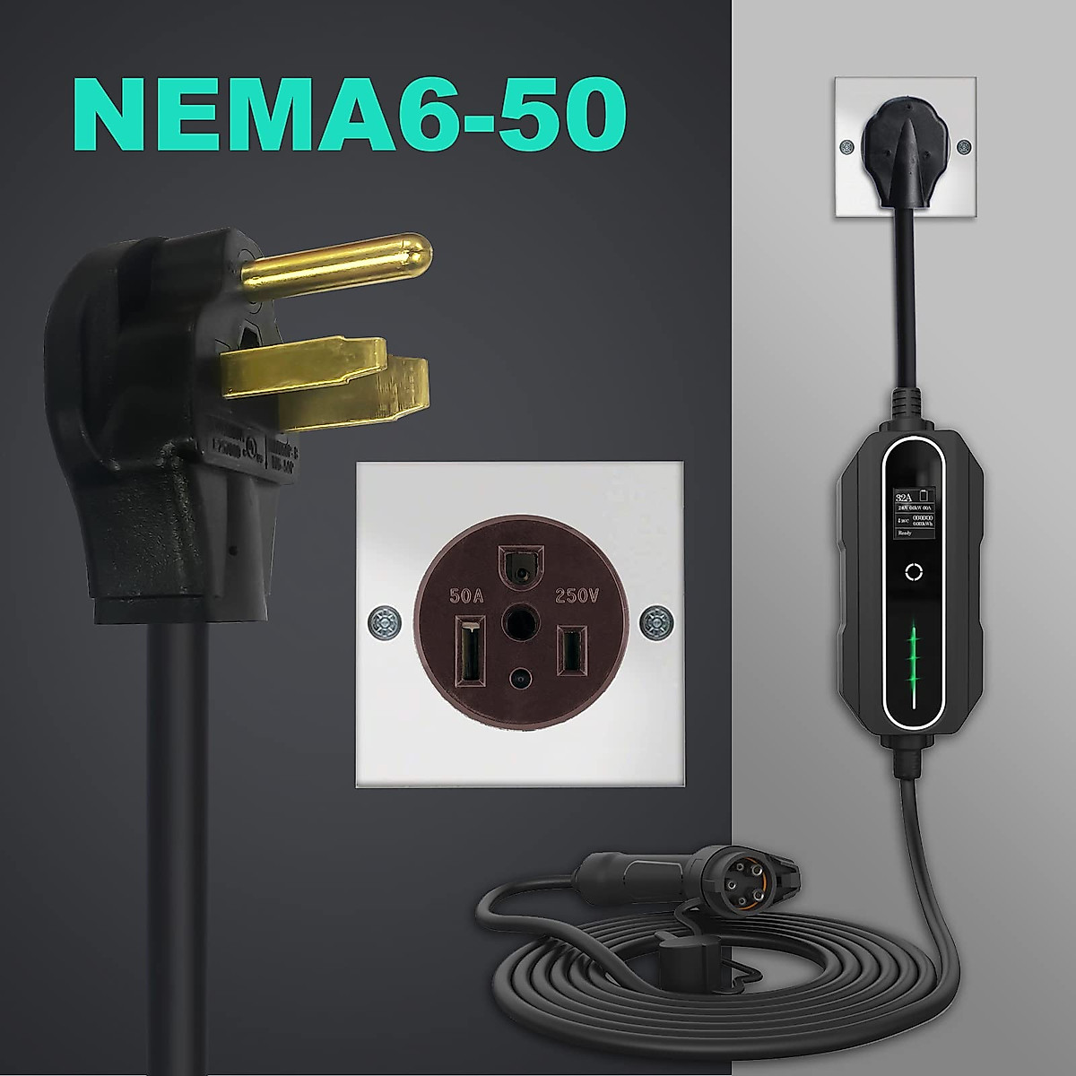 MAX GREEN Speeder Level 2 EV Charger, Adjustable Current (10A/16A/20A/24A/32A) Portable EVSE, 240V 25ft NEMA 6-50 Electric Vehicle Charging Station