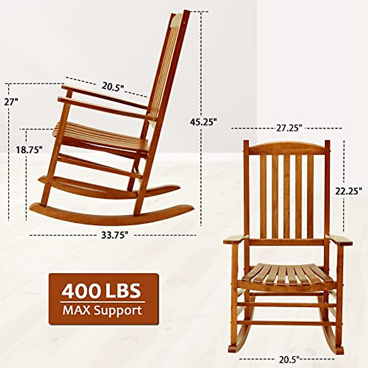 Hupmad Wooden Rocking Chair Rocker Outdoor Oversized Porch Rocker Chair,Patio Wooden Rocker with High Back and Armrest,All Weather Rocker Slatted for Backyard,Garden,400 lbs Support,Natural