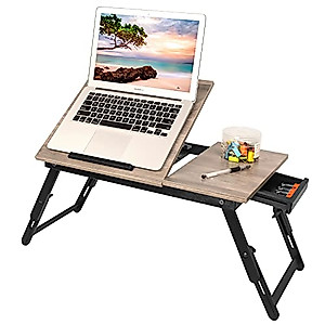 JMLHMXC Bamboo Laptop Desk Bed Tray Table Adjustable Table for Computer Tilting Top Foldable Leg with Drawer