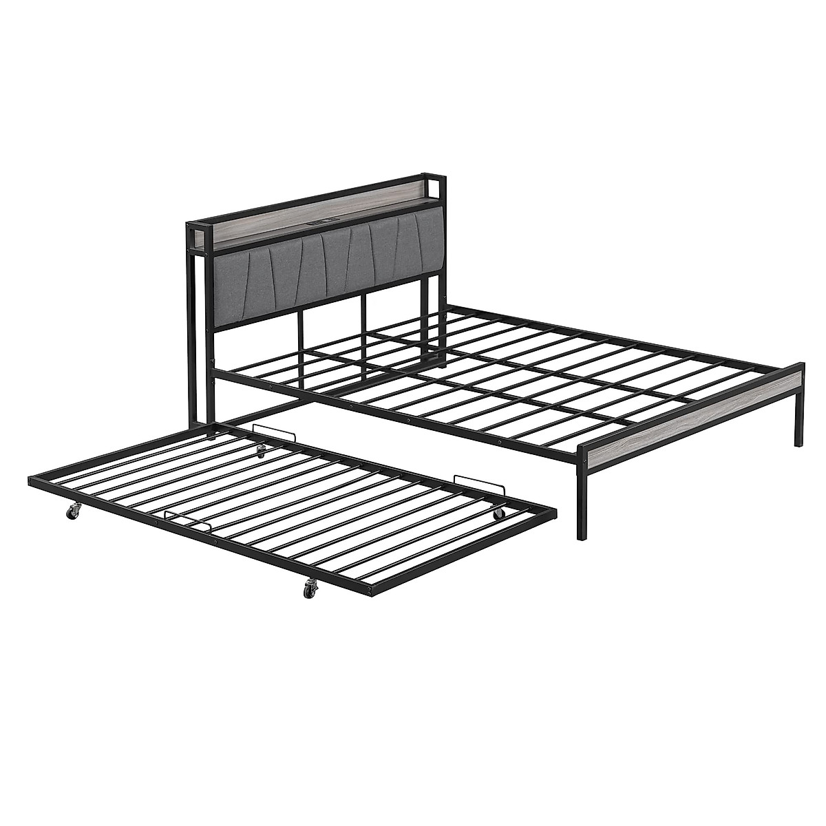 Anwick Metal Platform Bed Frame with Twin Size Trundle, Upholstered headboard, Sockets, USB Ports and Slat Support, No Box Spring Needed