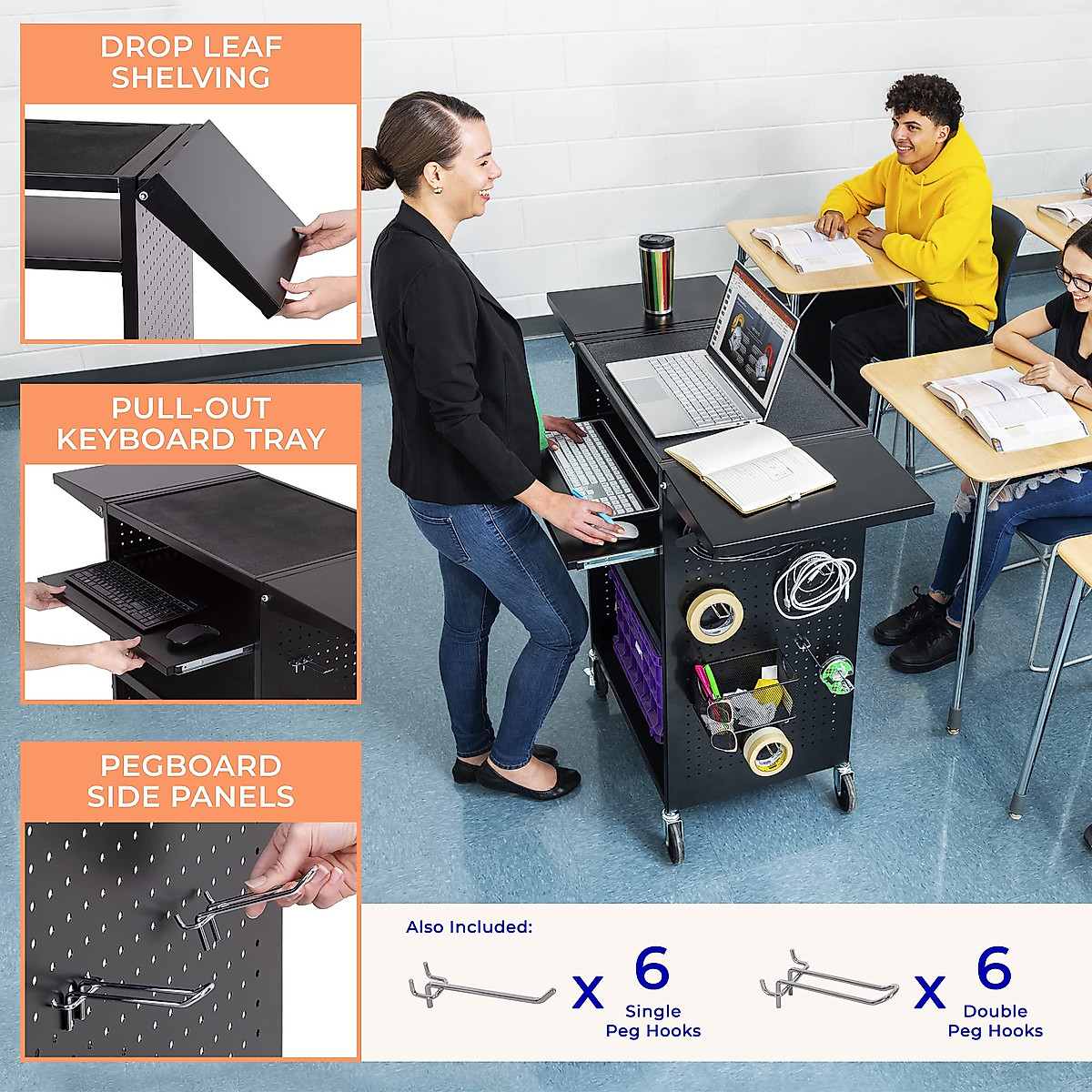 Line Leader Stellar AV Cart | Reimagine Your Teacher Cart with Revolutionary Pegboard Siding & 12 Movable Hooks for Customizable Storage | UL Safety Certified Cart | Keyboard Tray & Drop Leaf Shelving