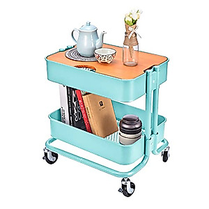 2-Tier Metal Utility Rolling Cart, Storage Side End Table with Cover Board