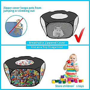 JIMEJV Guinea Pig Playpen, Waterproof Small Animals Playpen with Anti Escape Cover Portable Cat Playpen Breathable Indoor/Outdoor Yard Exercise Cage Tent for Hamster Puppy Chinchillas Rabbits(Black)