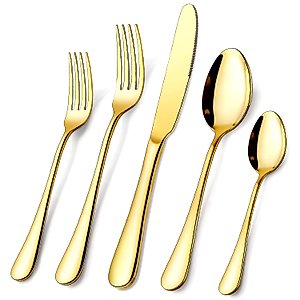 Gold Silverware Set, OGORI 40-Piece Food Grade Stainless Steel Gold Flatware Set, Kitchen Utensil Set Service for 8, Mirror Polished Tableware Cutlery Set for Home and Restaurant, Dishwasher Safe