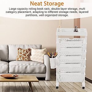 DULRLLY 6 Tier Movable Book Rack Storage Bookshelf Rolling Utility Cart Bookcase Organizer Removable Bookshelfs with Wheels Multifunctional Book Cart File Storage Book Shelf for Office Bedroom(White)