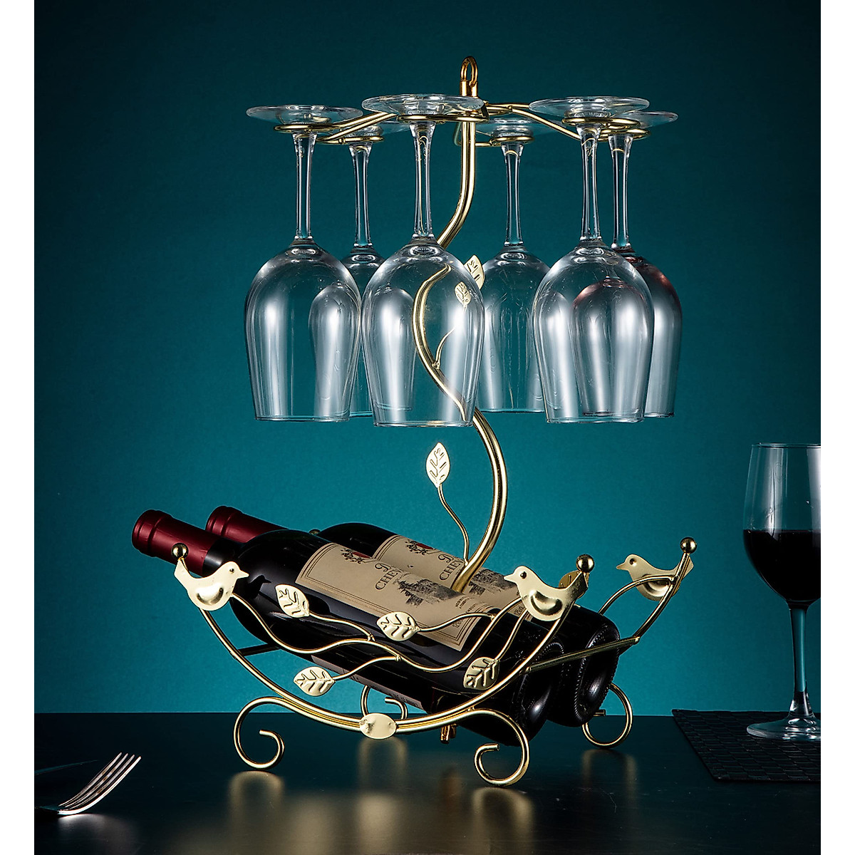 CicodonaGift Wine Rack and Wine Glass Holder-Hold 2 Wine Bottles and 6 Glasses-Perfect for Home Kitchen Decor & Kitchen Storage Rack