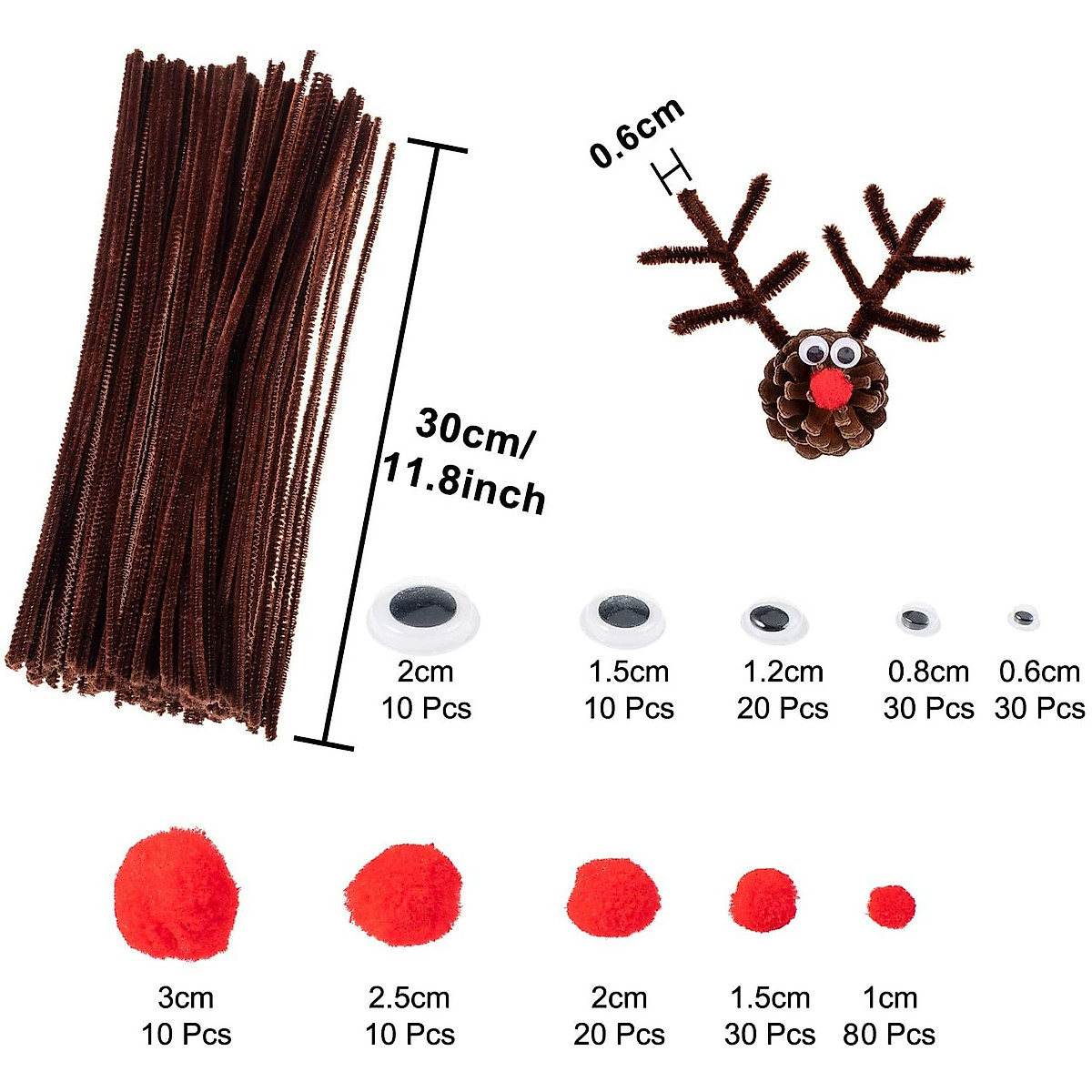 Whaline 350 Pcs Christmas Pipe Cleaners Set Including 100 Pcs Brown Craft Chenille Stems, 100 Pcs Multi Sized Wiggle Googly Eyes and 150 Pcs Pompoms for Christmas Craft Party DIY Art Supplies