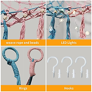 Stuffed Animals Net or Hammock with LED Light,Stuffed Animal Toy Storage, Large Corner Mesh Toy organizer Hanging Wall Toys storage with Tassels and beads for kids Room, Nursey, Playroom,Bedroom