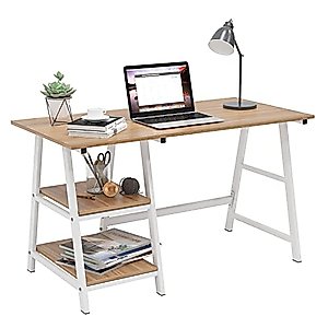 SogesHome Computer Desk 47inches Trestle Desk PC Desk with Shelf Office Desk Workstation for Home Office Use Writing Table, Oak, Tplus-120OK-SH