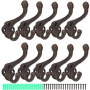 Peohud 10 Pack Cast Iron Coat Hooks, Rustic Wall Hooks, Wall Mounted Farmhouse Coat Hangers, Heavy Duty Double Hooks for Hanging Coats, Bags, Caps, Hats, Towels, Keys